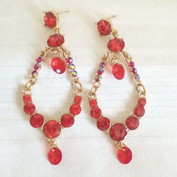 Jewelry | New Gold Red Rhinestone Hoop Earrings | Poshmark